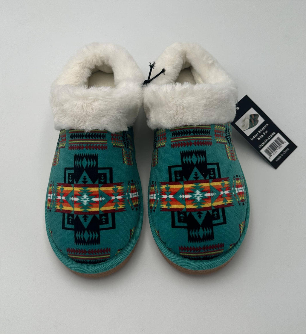 Fur Aztec Indoor Slippers - Turquoise – The Fringe 17 Boutique